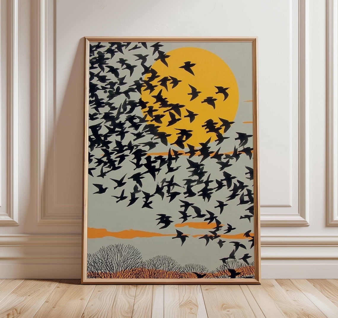 Birds In Flight Sunset Silhouette Minimalist Landscape Art, Stretched ...