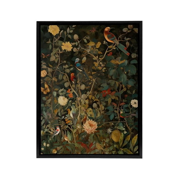 Birds In Flowering Shrubs Floral Black Framed Canvas Wall Art Print ...