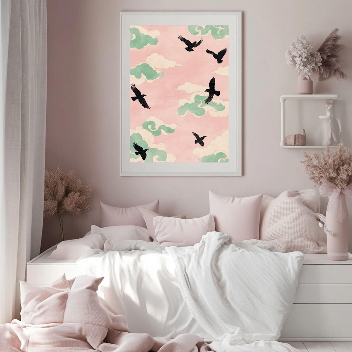 Birds In The Sky Birds Retro Japanese Pink Sky Poster Unframed Paper ...