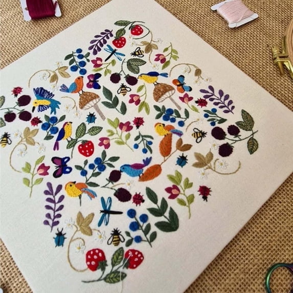 Birds, Insects, and Berries Hand Embroidery Kit, Birds with Flowers Pre ...