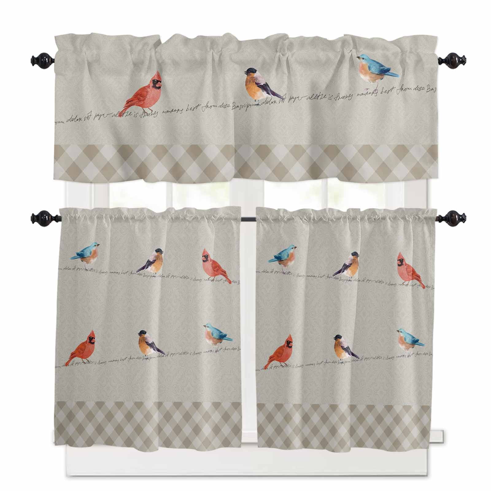 Birds Kitchen Curtains Valances and Tiers Set of 3 Vintage Yellow Blue ...