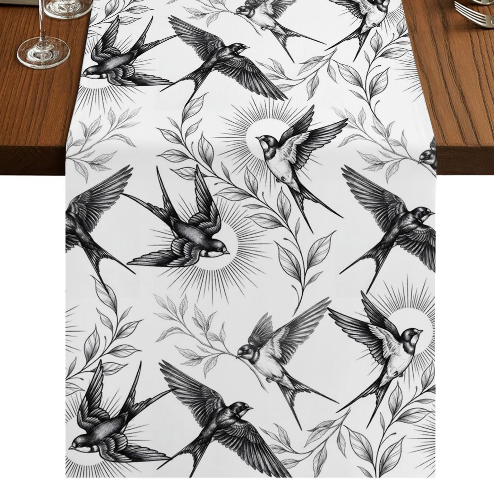 Birds Leaves Burlap Cotton Table Runner 13x36 Inches Short, Spring ...
