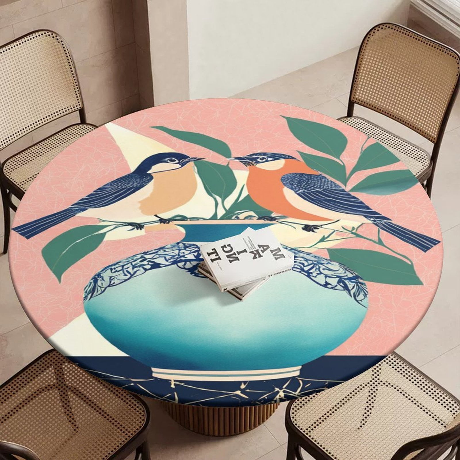 Birds & Leaves Floral Art Print Round Table Cover Kitchen Printed ...