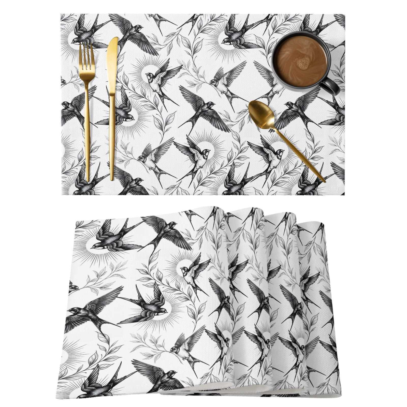 Birds Leaves Placemats Set of 8 Spring Farmhouse Botanical Animals ...