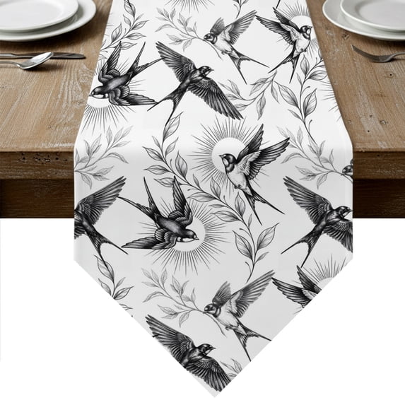 Birds Leaves Table Runner Linen Burlap Table Runner 108 Inches Long ...