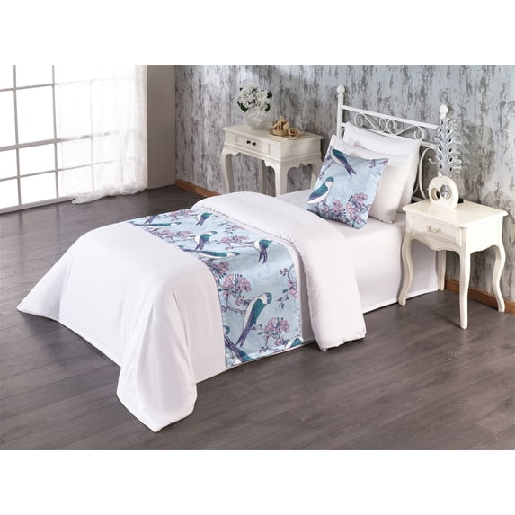 Birds and Nature Bed Runner Set, Japanese Inspire Sakura Flowers ...