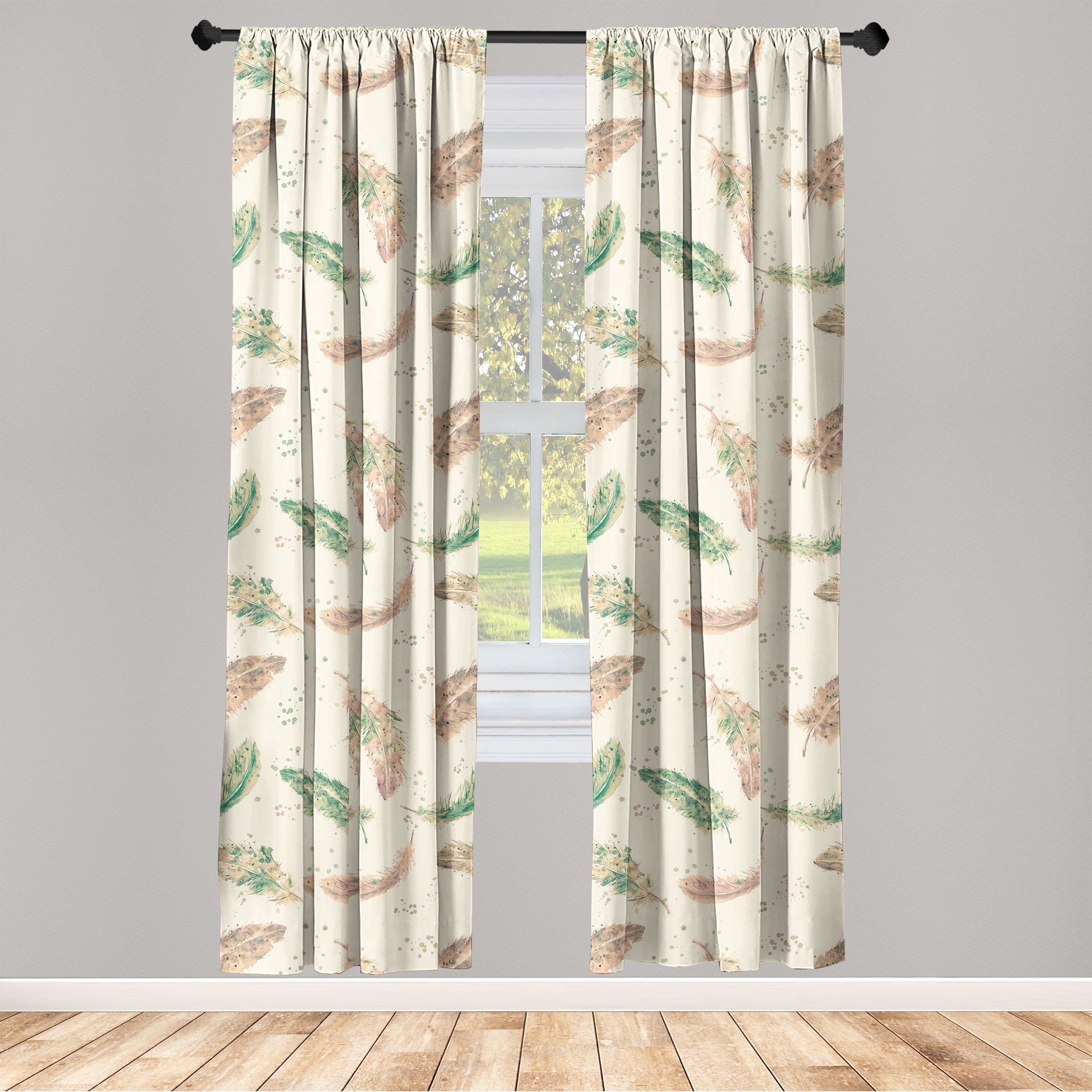 Birds and Nature Window Curtains, Muted Colors Feathers Pattern with ...
