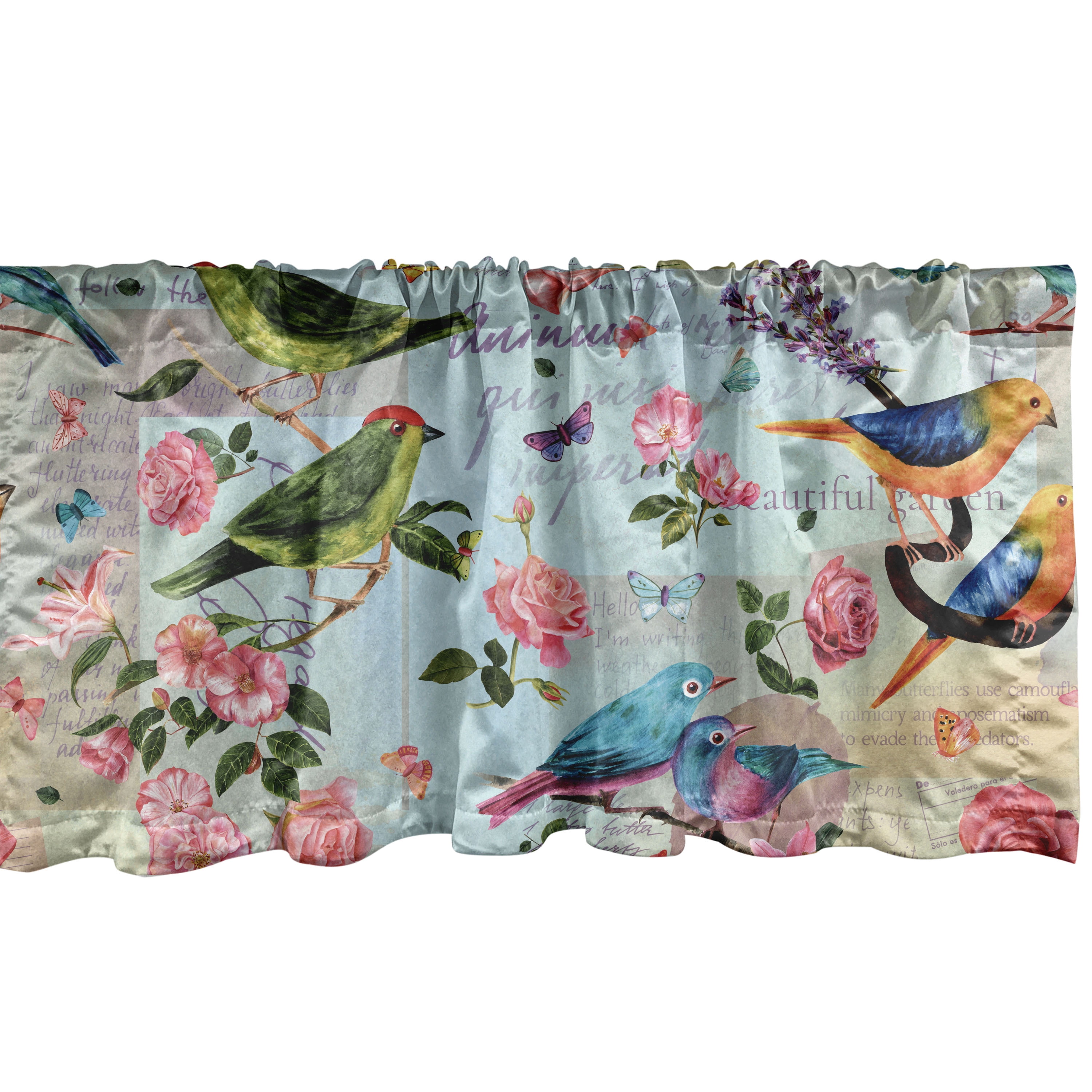 Birds and Nature Window Valance, Watercolor Winged Animals and Flowers ...