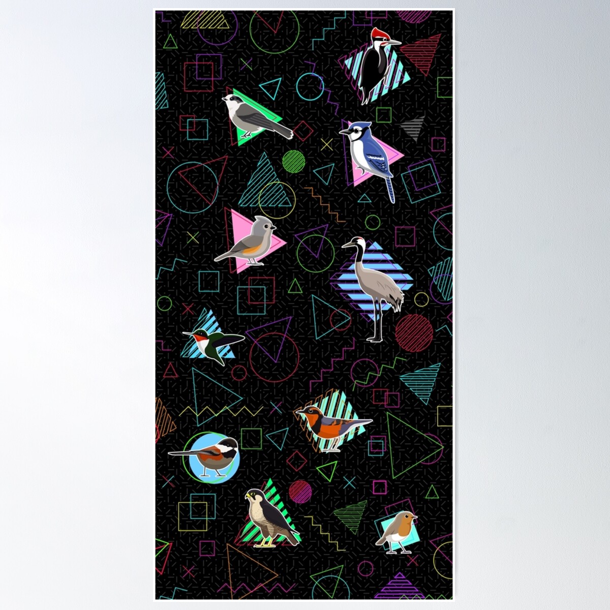 Birds Of The 80S Neon Pattern - Black Colorful Poster Wall Art, Modern ...