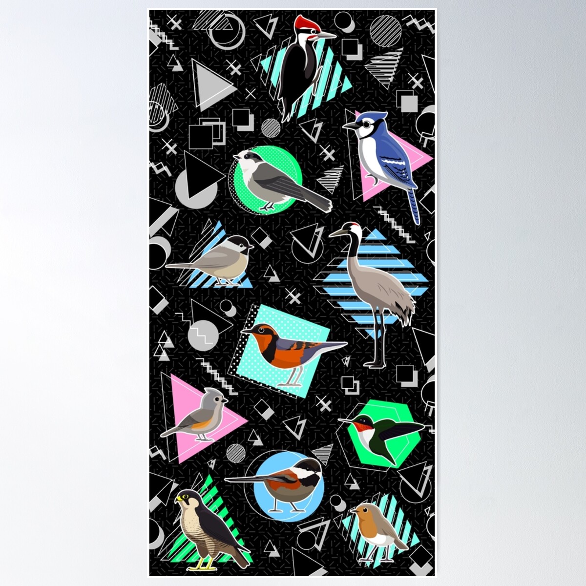 Birds Of The 80S Neon Pattern - Black Poster Wall Art, Modern Wall ...
