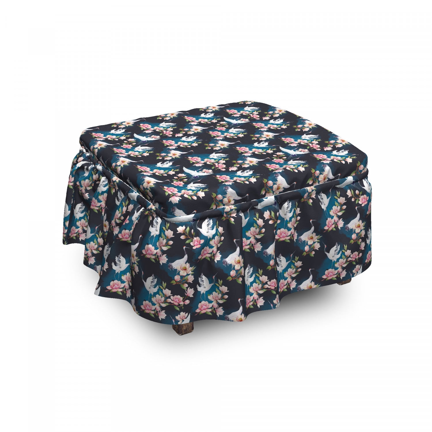 Birds Ottoman Cover, Cranes and Pinky Magnolia, 2 Piece Slipcover Set ...