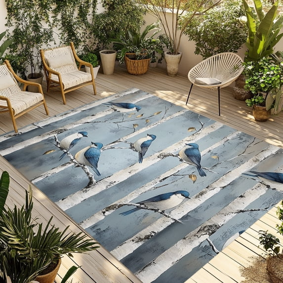 Birds Outdoor Rug, Birch Tree Non-Slip Area Rugs Carpet Breathable ...
