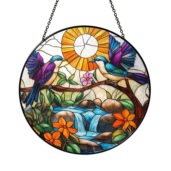 Birds Over River Flowers Stained Glass Style Window Hanging – Nature ...