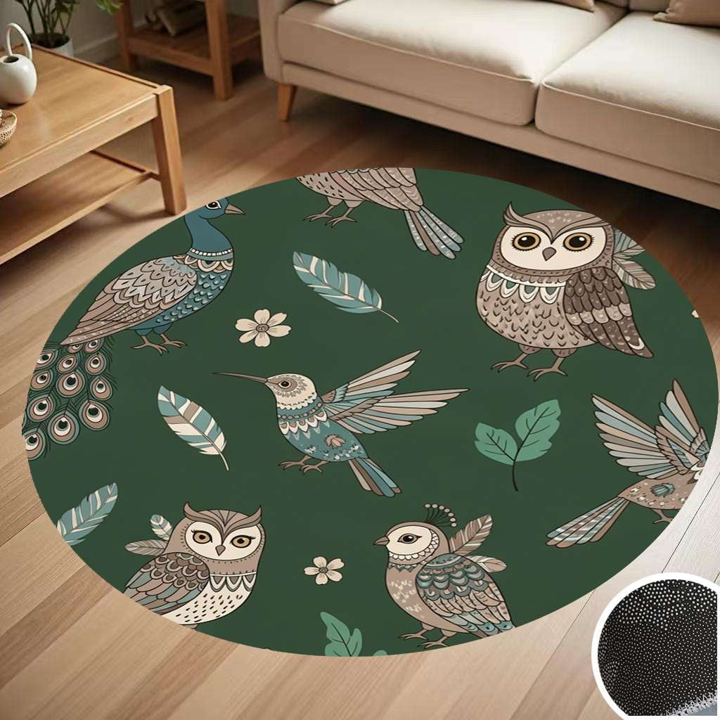 Birds, Owls, Feathers, Floral Round Carpet Living Room Bedroom Home ...