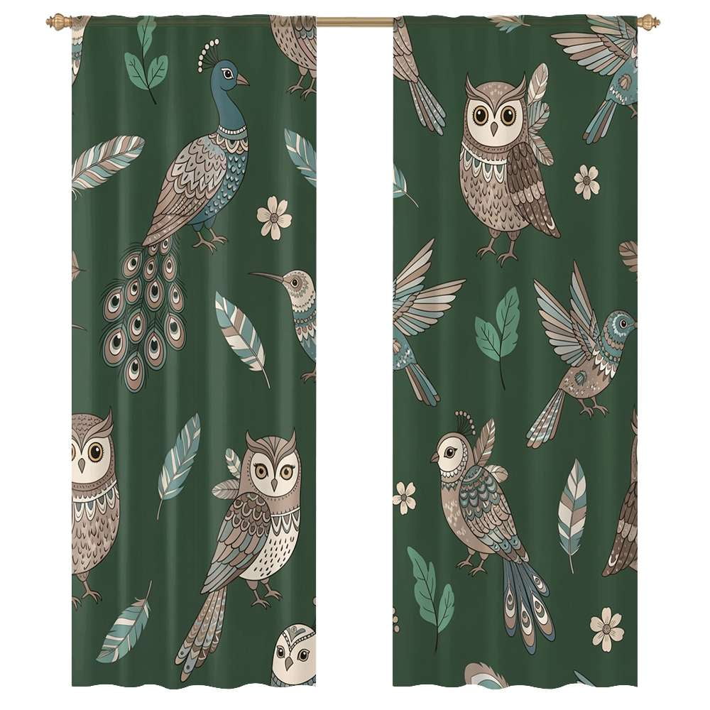 Birds, Owls, Feathers, Floral Sheer Window Curtains for Living Room ...