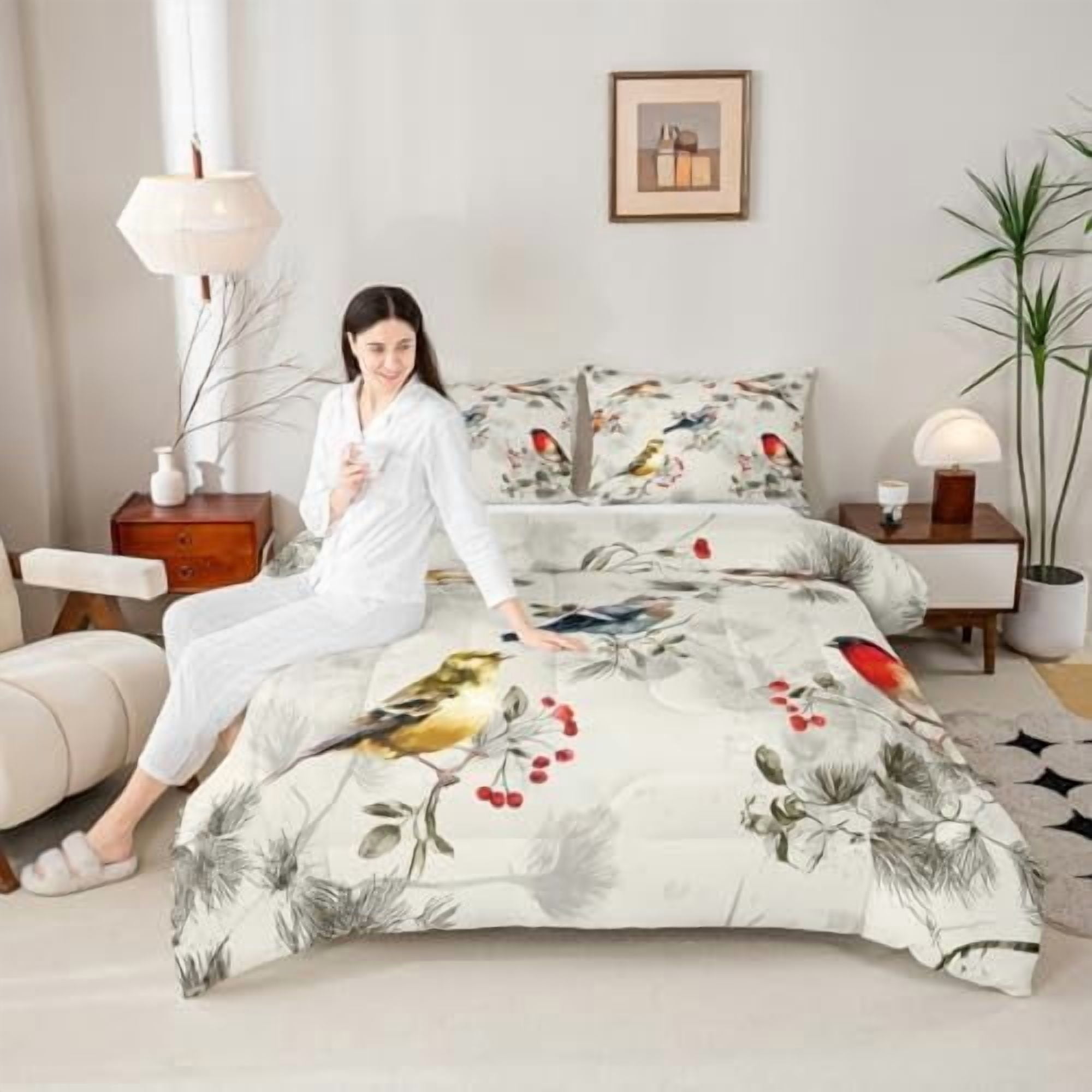 Birds Pattern Full Size Comforter Set,Ink Art Bedding Set for Adults ...