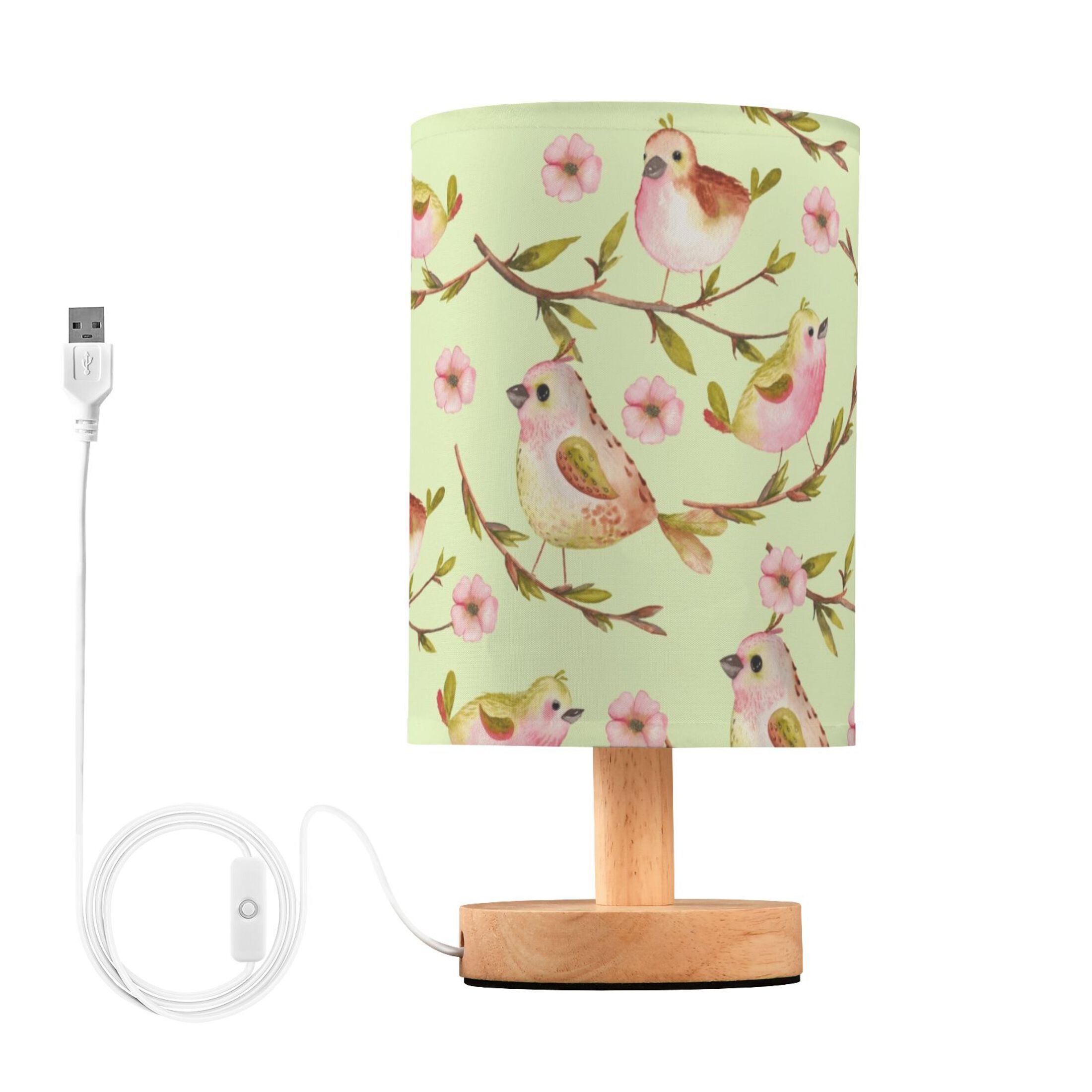 Birds Pink Flowers on Tree Bedside Table Lamp LED Warm Lights with USB ...