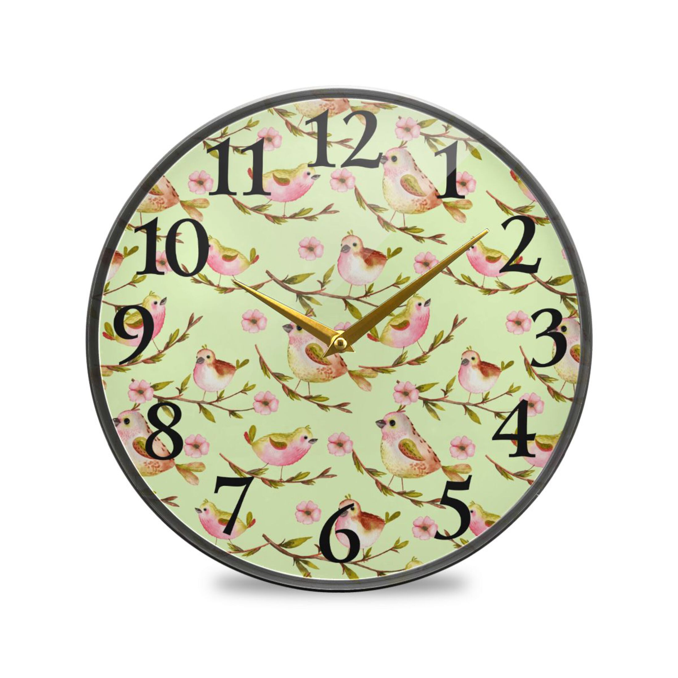 Birds Pink Flowers on Tree Wall Clocks Battery Operated 11.9 Inch Round ...