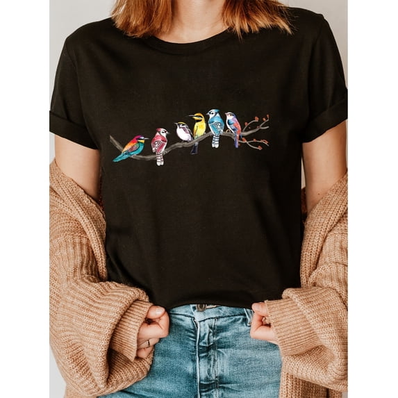 Birds Print Crew Neck T-shirt Short Sleeve Casual Top For Summer ...