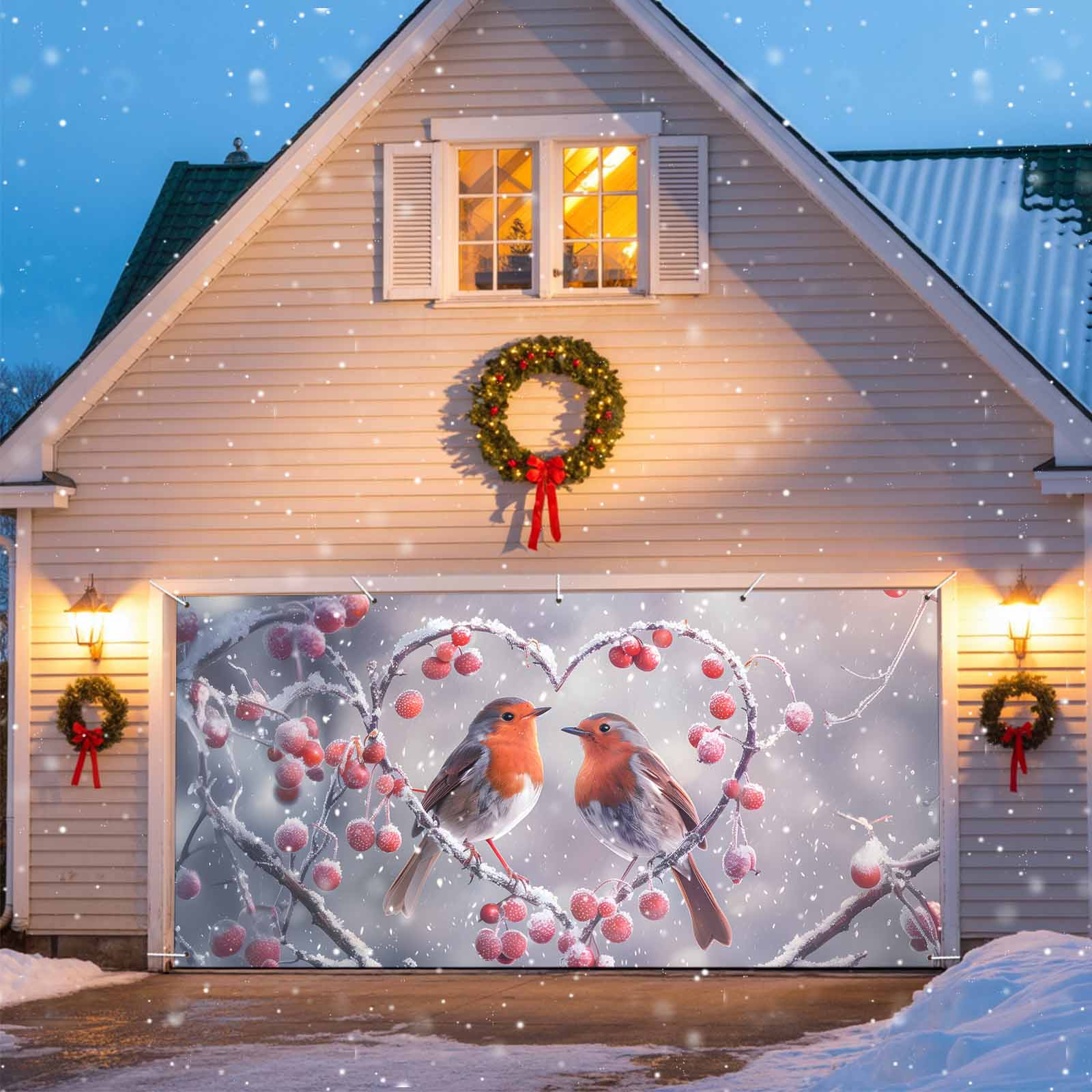 Birds Red Berry Christmas Garage Door Decorations, 6.9x16ft Garage Door ...