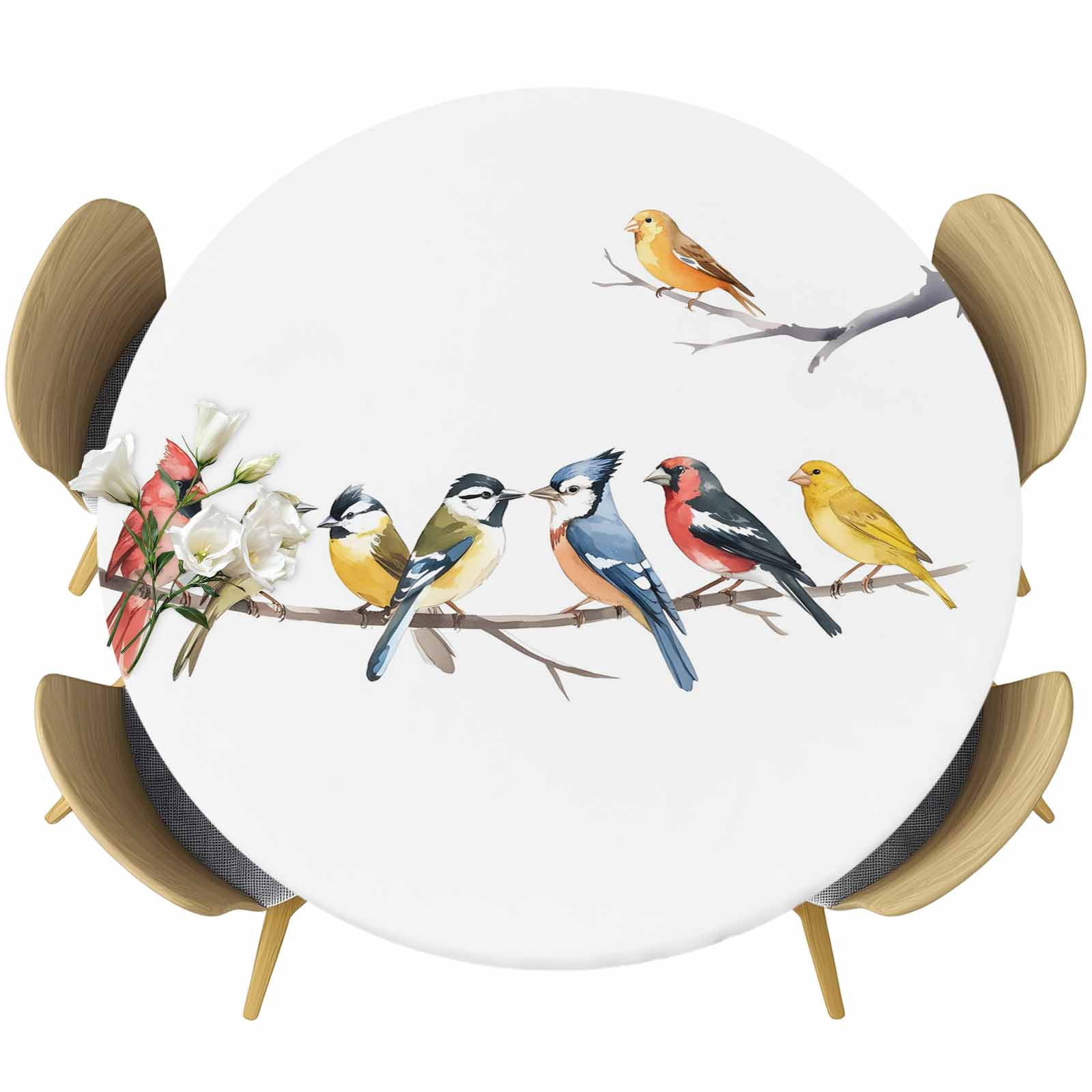 Birds Round Tablecloth, Fitted Table Cover with Elastic for 36"-44 ...
