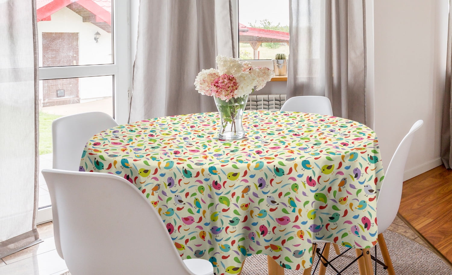 Birds Round Tablecloth, Vibrant Pastel Color Plumpy Little Sparrow and ...