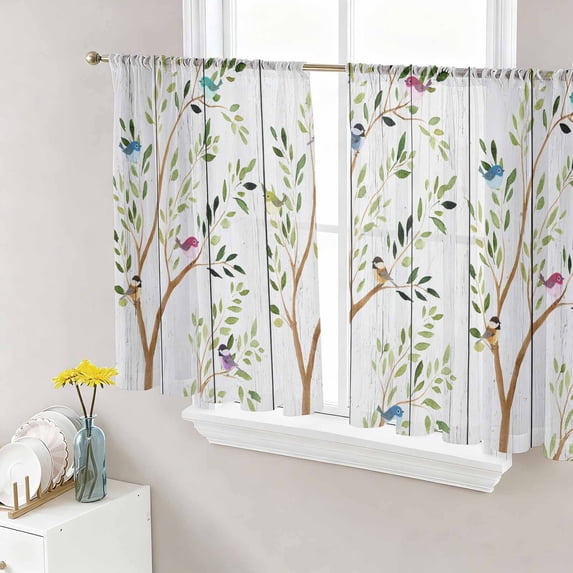 Birds Sheer Curtains 45 Inch Length 2 Panels Set, Spring Branch Leaves ...