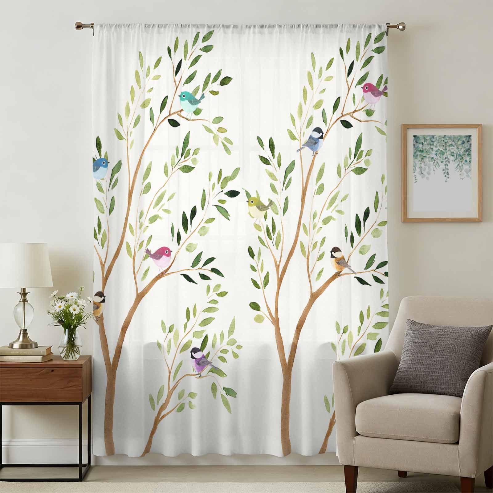 Birds Sheer Curtains 63 Inches Long, Spring Branch Leaves Animals ...
