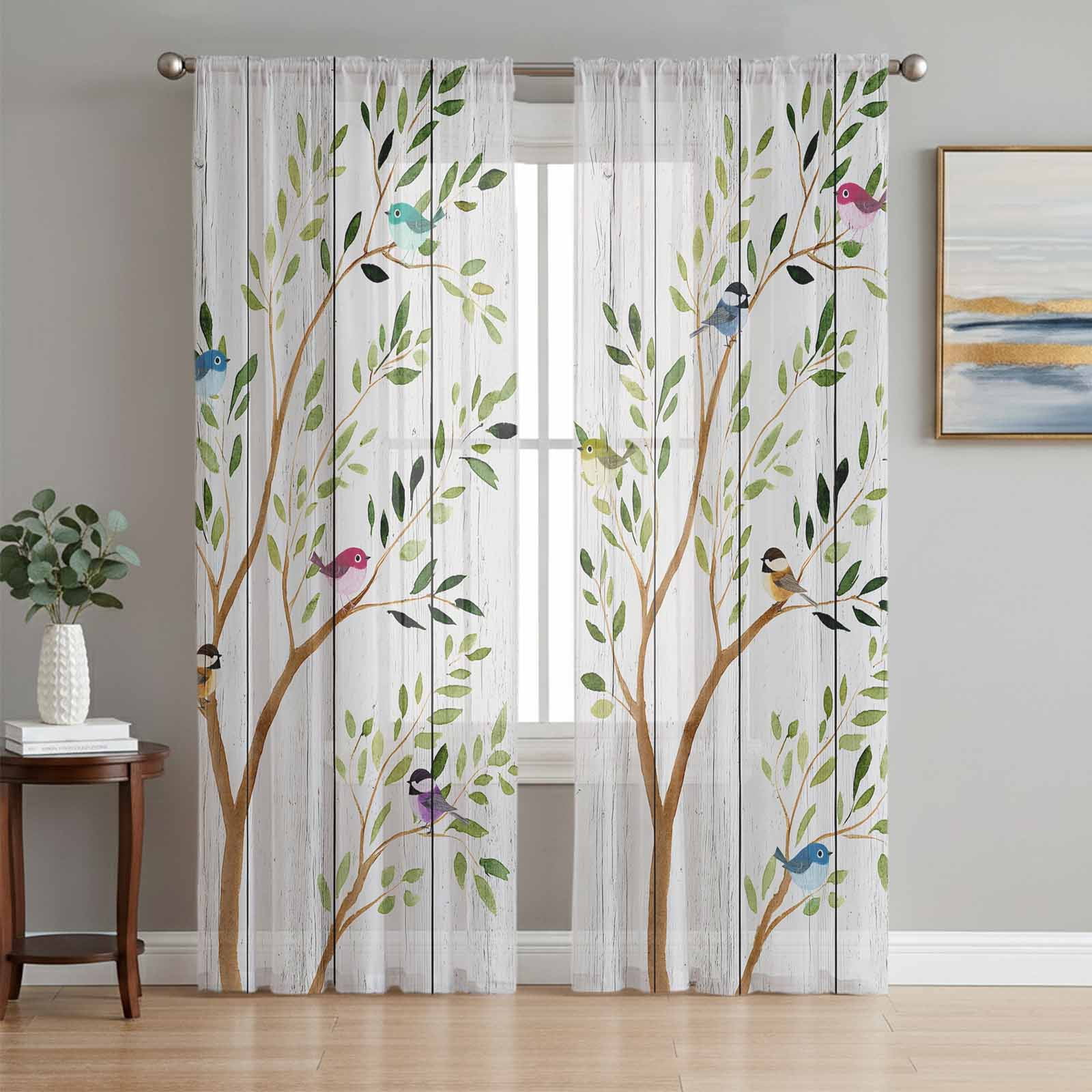 Birds Sheer Curtains 72 Inch Length 2 Panels Set, Spring Branch Leaves ...