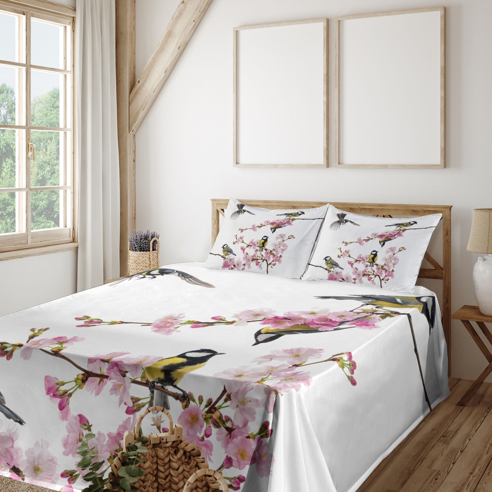 Ambesonne Colorful Fitted & Top Sheet Set with Shams, Hummingbirds on ...