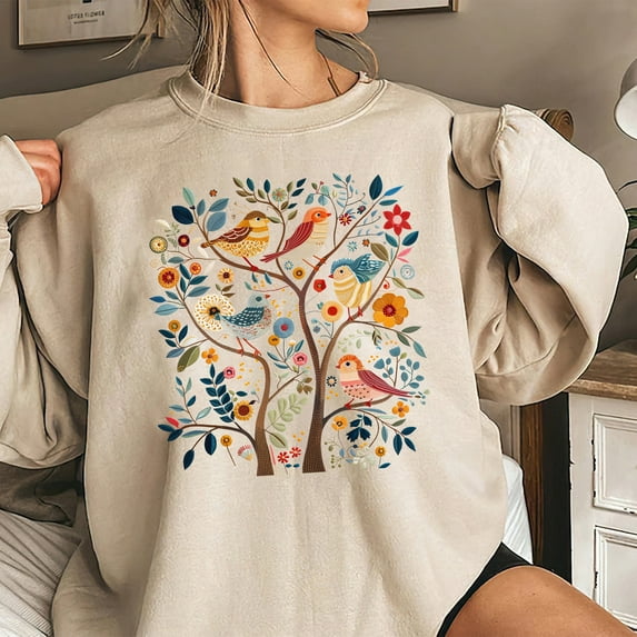 Birds Shirt, Cottagecore Birds and Flowers Shirt, Scandinavian Folk Art ...