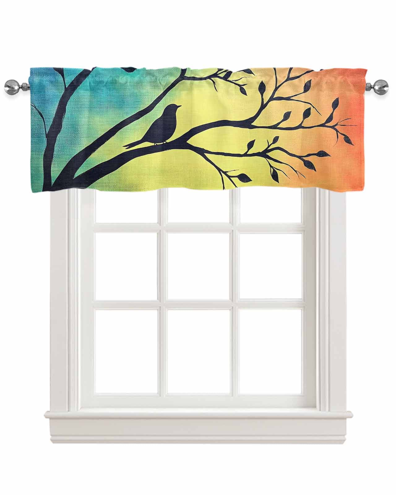 Birds Silhouette Branch Kitchen Valances for Windows Farmhouse Linen ...