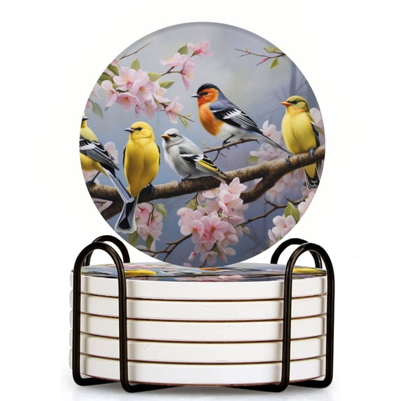 Birds Sitting On Cherry Blossom Branches Set of 6 Ceramic Coasters with ...