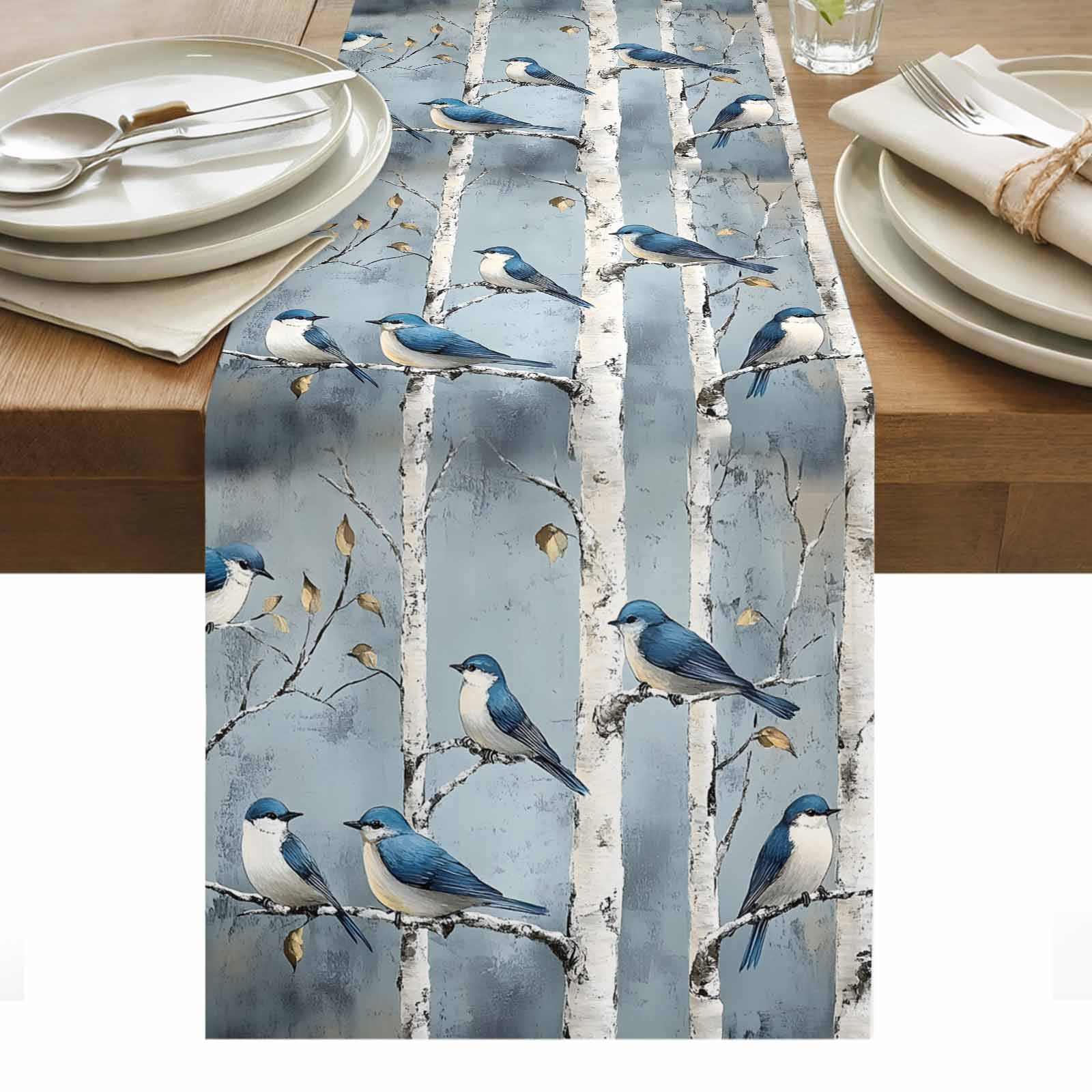 Birds Table Runner 13 x 72 Inch, Birch Tree Washable Cotton Linen ...