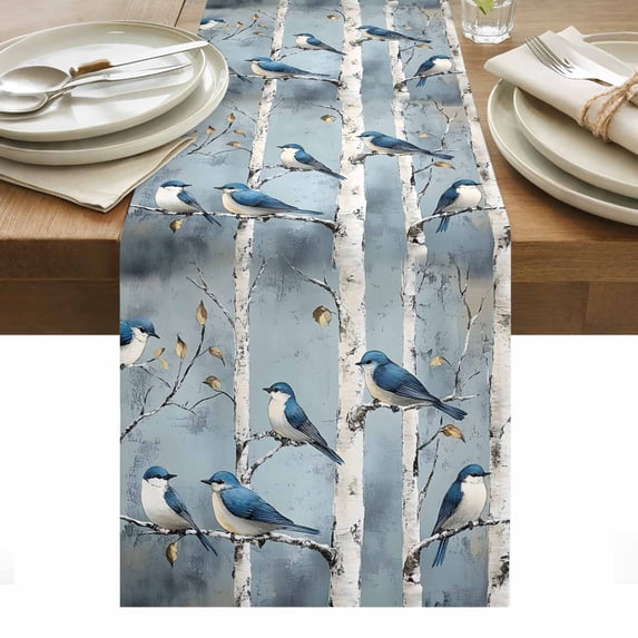 Birds Table Runner 13 x 72 Inch, Birch Tree Washable Cotton Linen ...