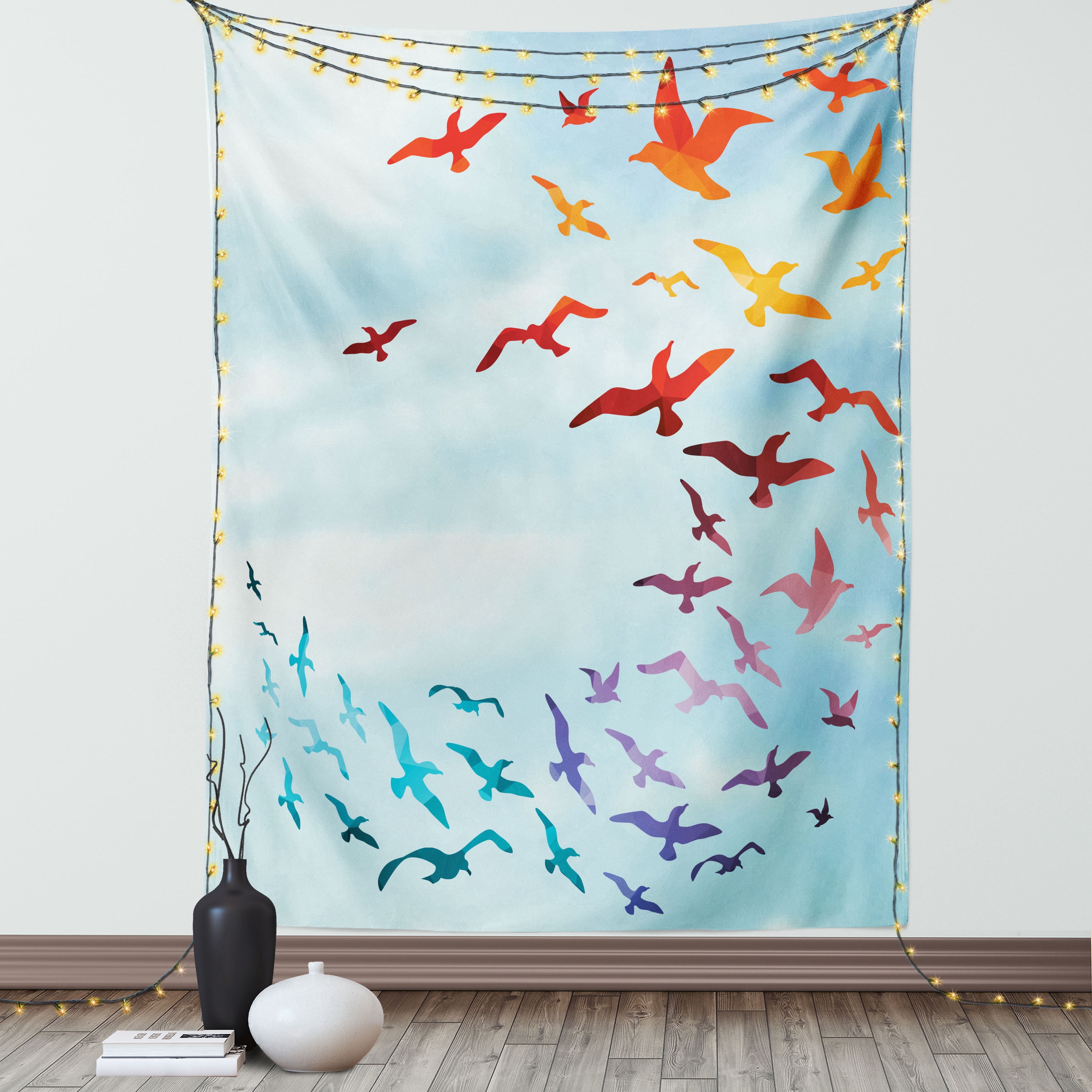 Birds Tapestry, Colorful Illustration of Flying Birds Against Clear Sky ...