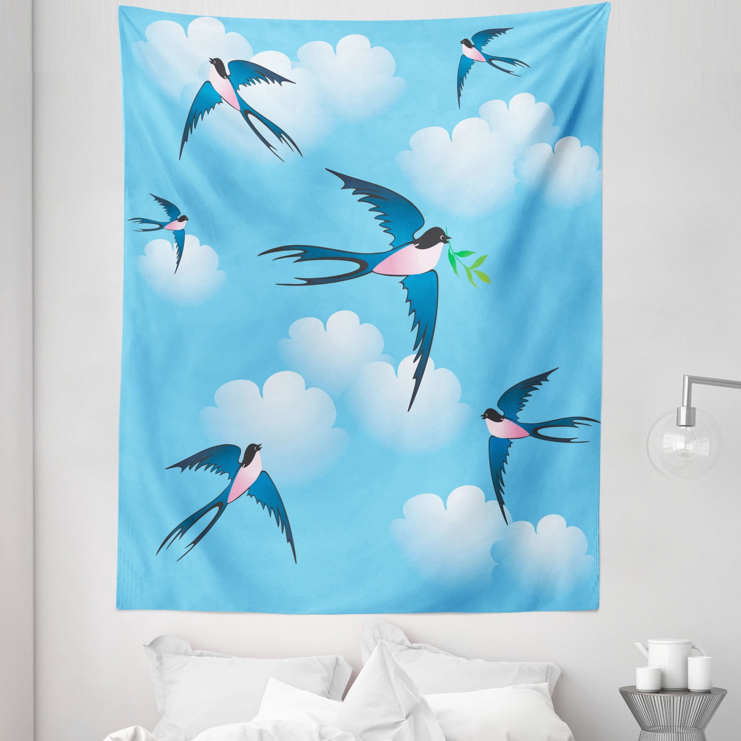 Birds Tapestry, Illustration of Blue Swallow Bird Among the Clouds ...