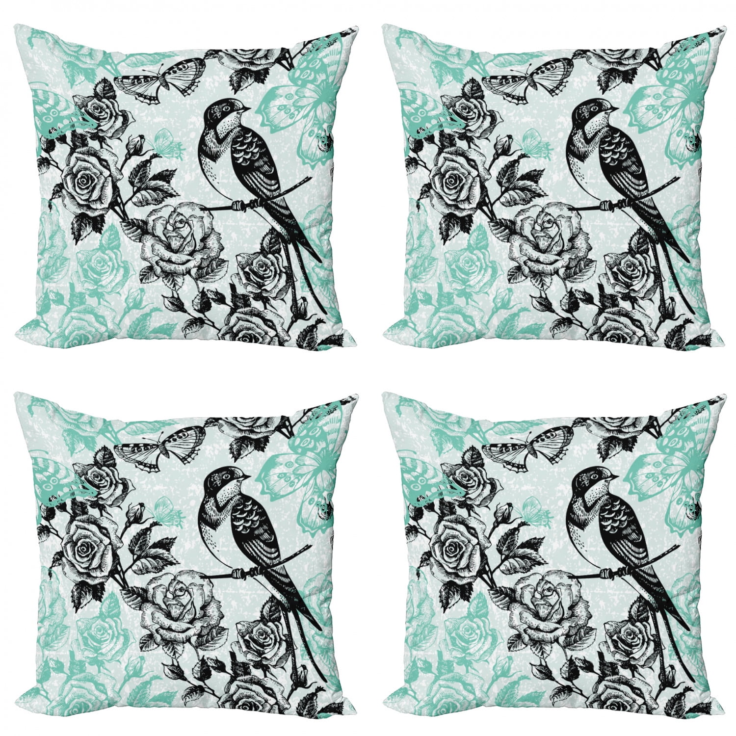 Ambesonne Birds Throw Pillow Cover 4 Pack, Mockingbird on Rose Tree, 18 ...