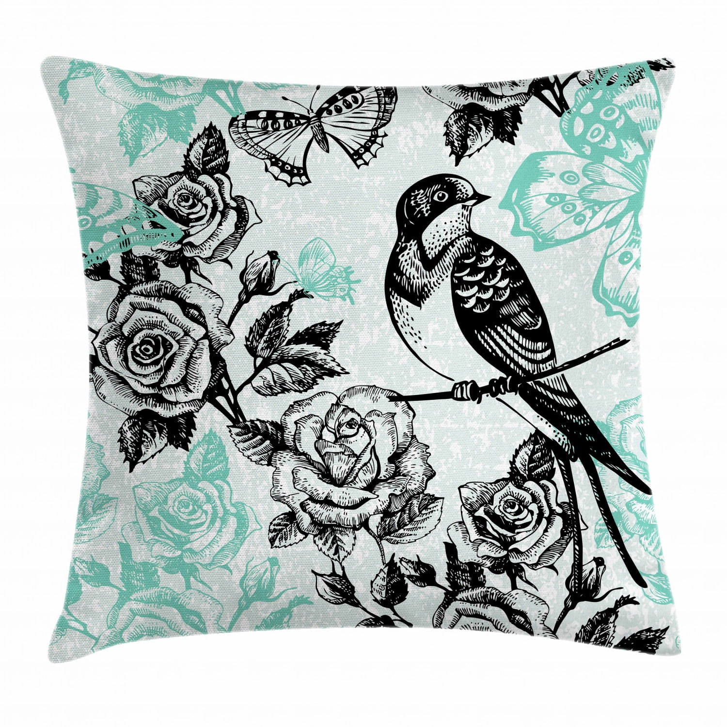 Birds Throw Pillow Cushion Cover, Hand Drawn Sketch of Mockingbird on ...