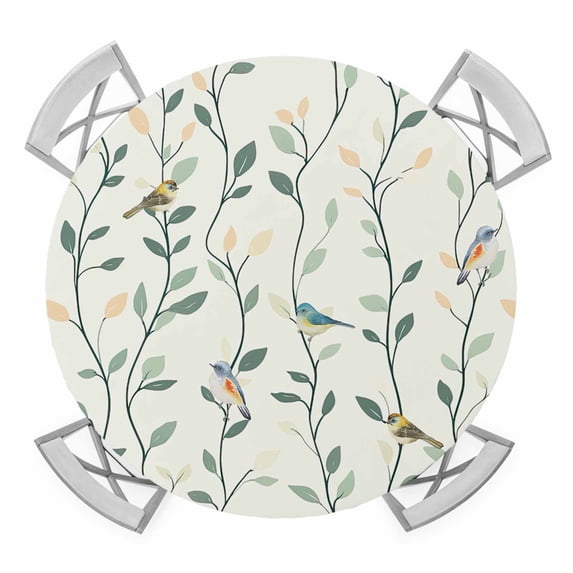 Birds on A Tree Branch Elastic Fitted Round Table Cover Tree Leaves ...