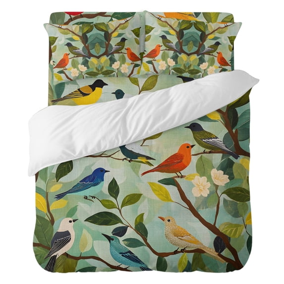Birds Tree Comforter Set King Size, Watercolor Red Yellow Orange Blue ...