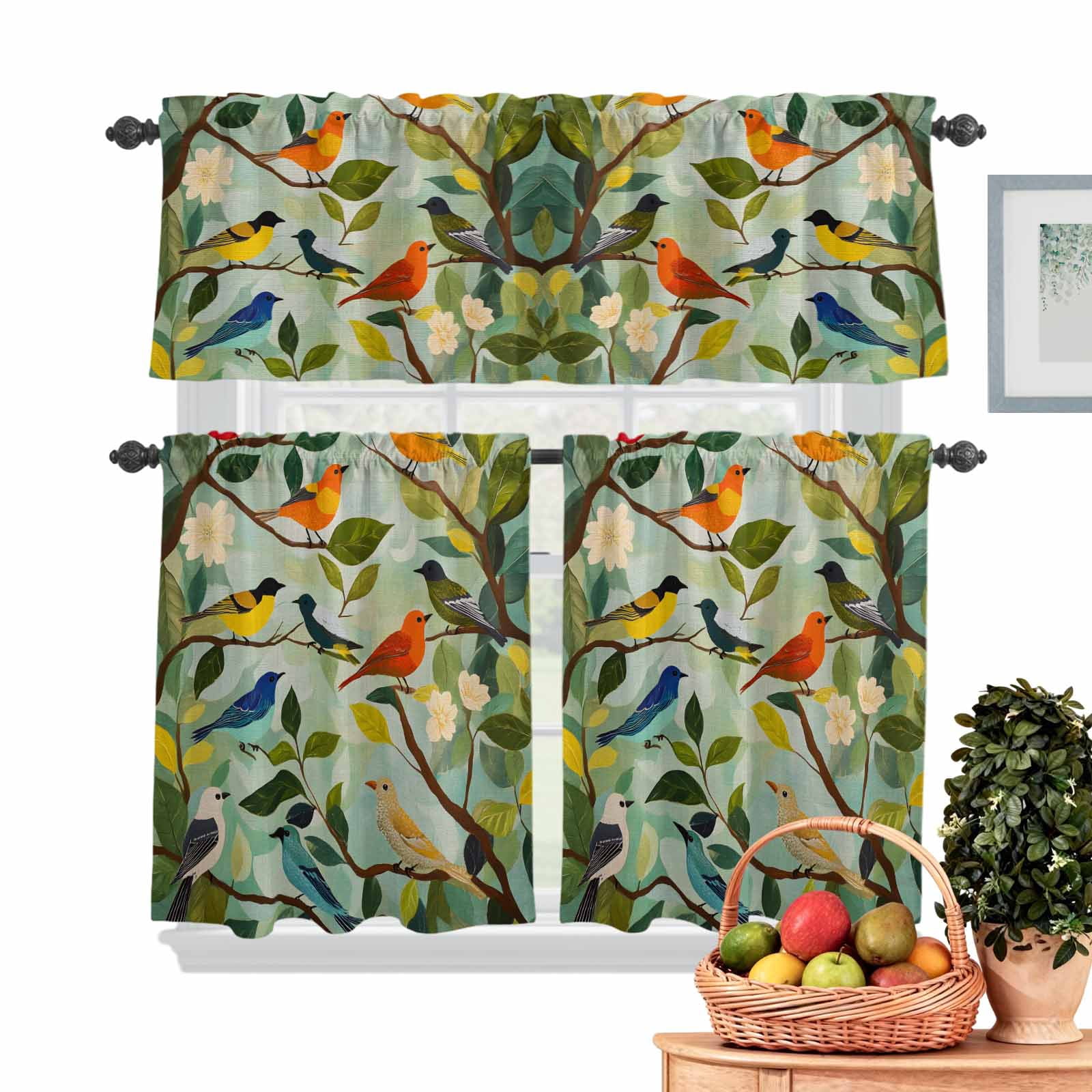 Birds Tree Kitchen Curtains Valances 3 Piece Set, Watercolor Red Yellow ...