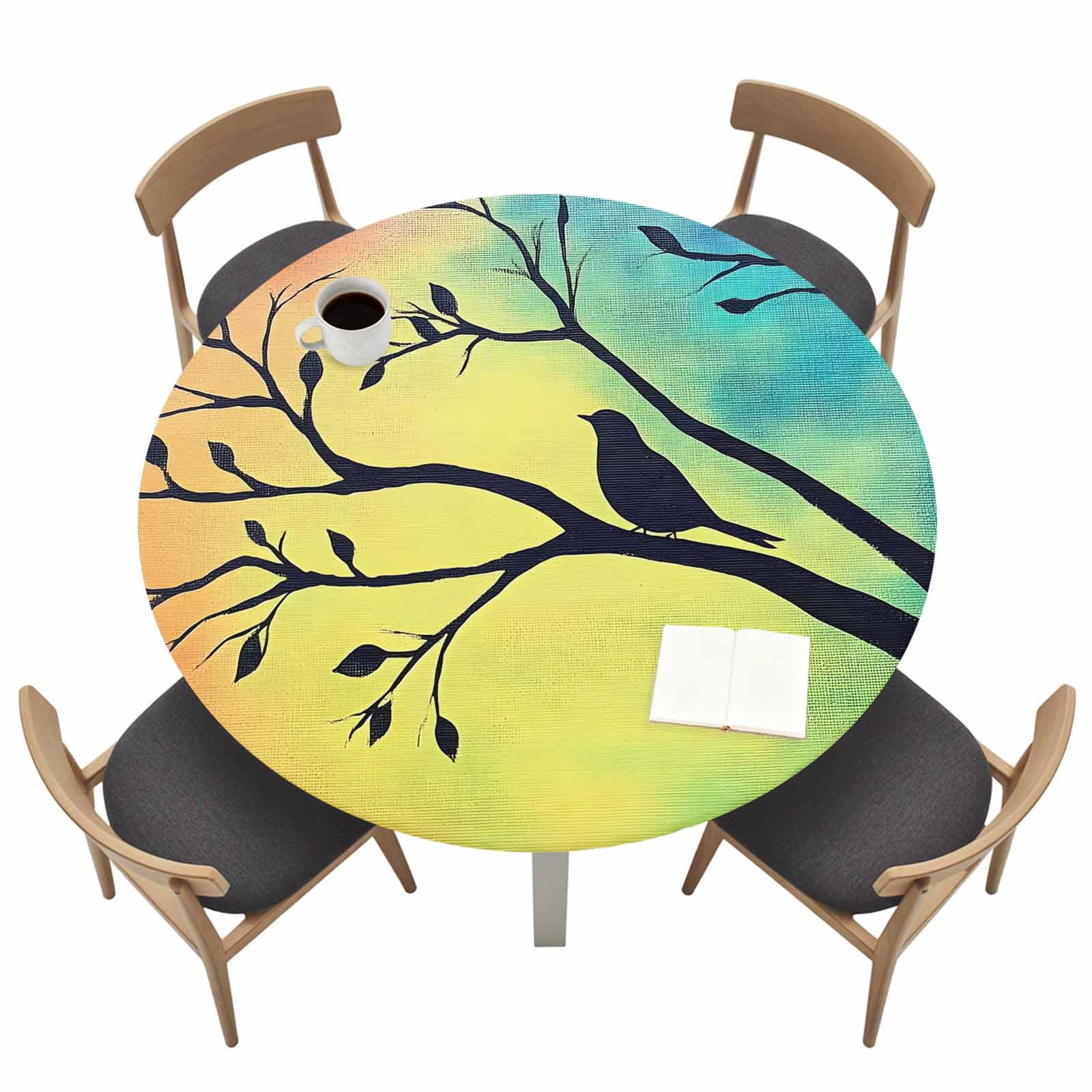 Birds on Tree Round Fitted Tablecloth with Elastic Edge Gradient ...