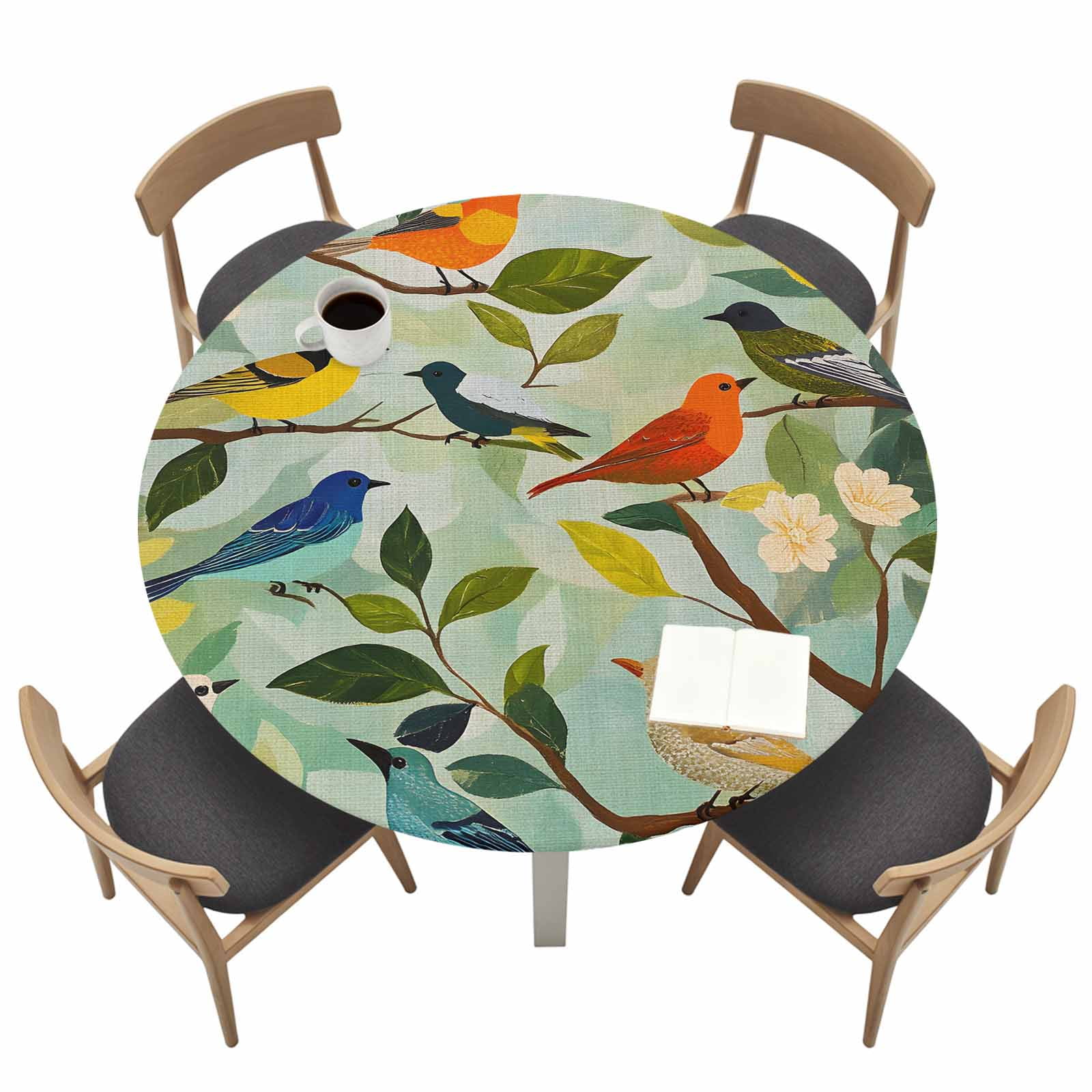 Birds Tree Round Fitted Tablecloth with Elastic Edge Watercolor Red ...