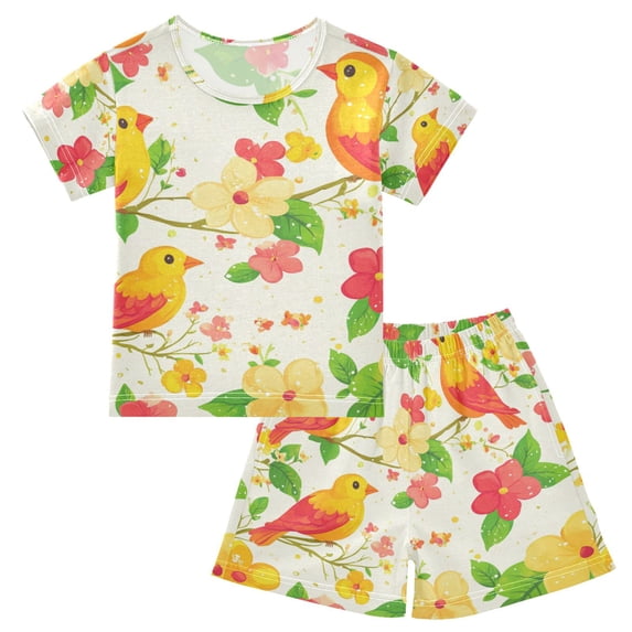 Birds Vivid Perch Summer Pajama Set Soft Cotton Short Sleeve Sleepwear ...