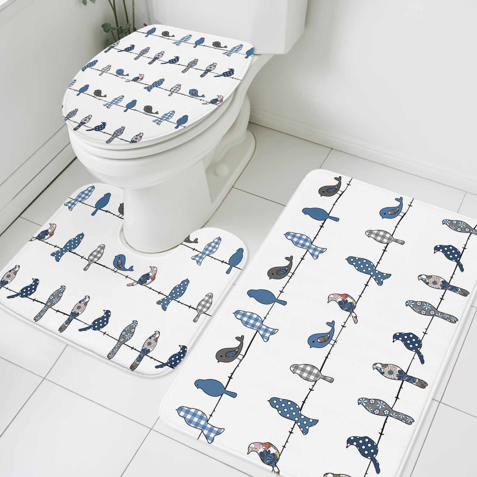 Birds on the Wire Blue Grey Bathroom Rugs Set Non Slip Absorbent Soft ...