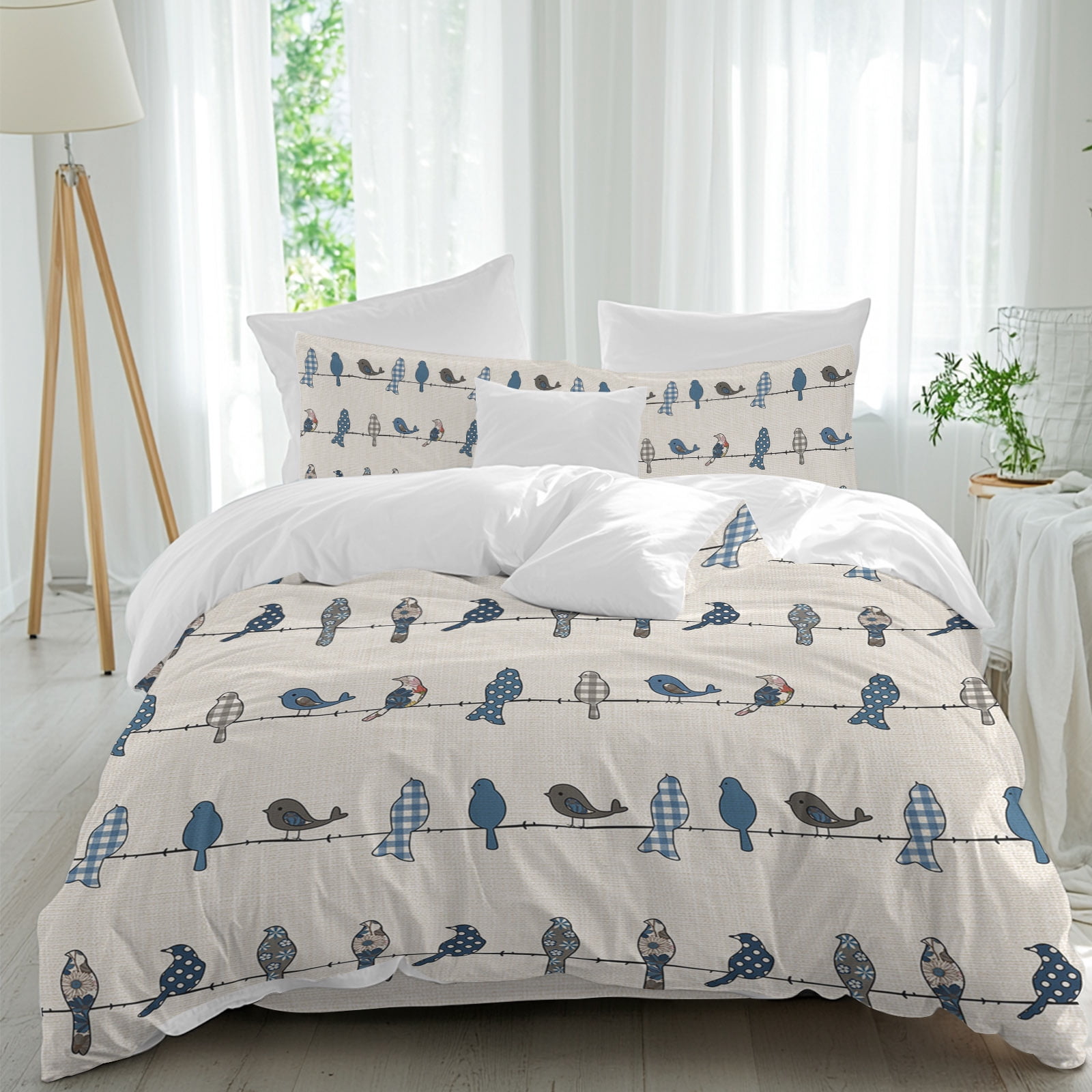 Birds on the Wire Blue Grey Burlap Background 4 Piece Duvet Cover Set ...