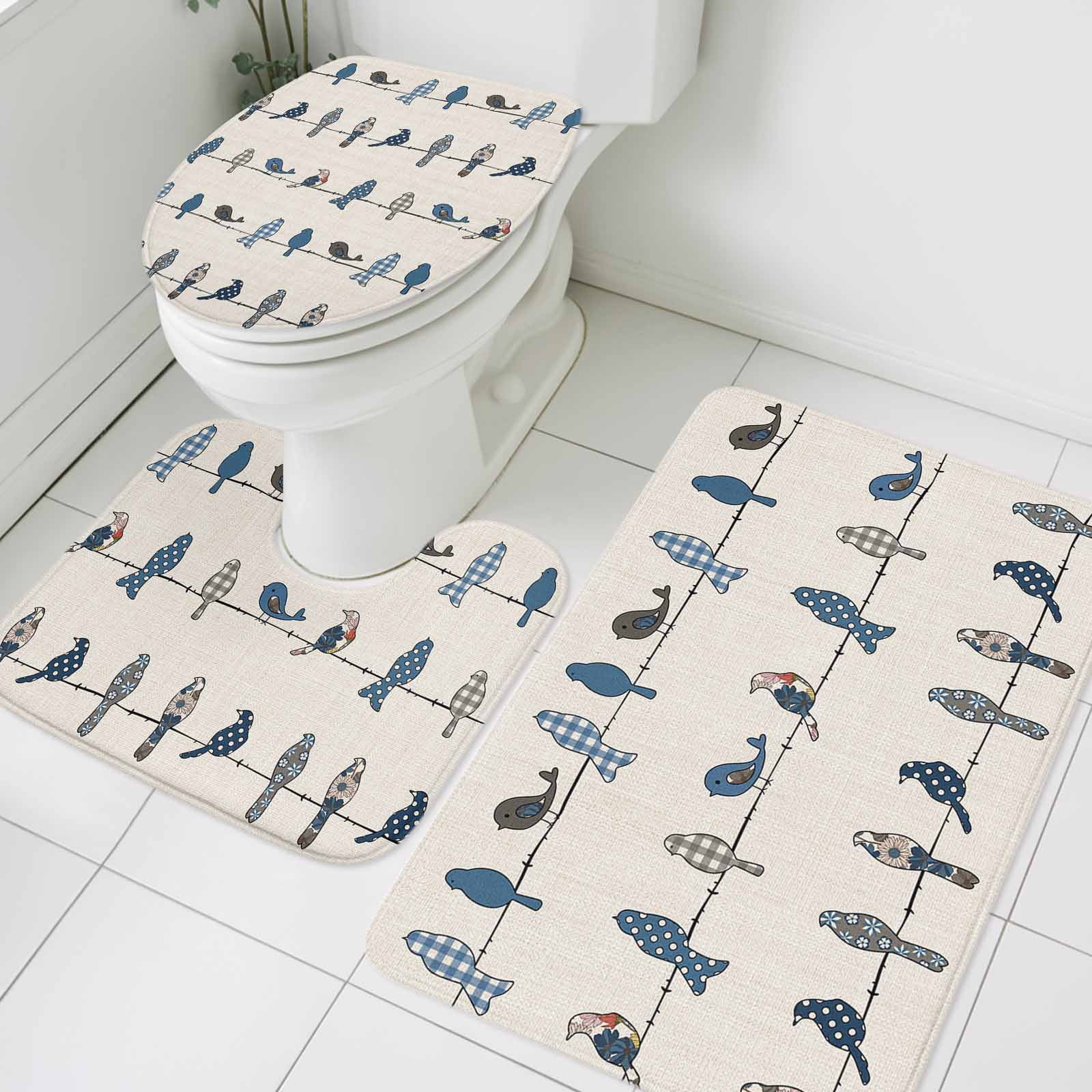 Birds on the Wire Blue Grey Burlap Background Bathroom Rugs Set Non ...