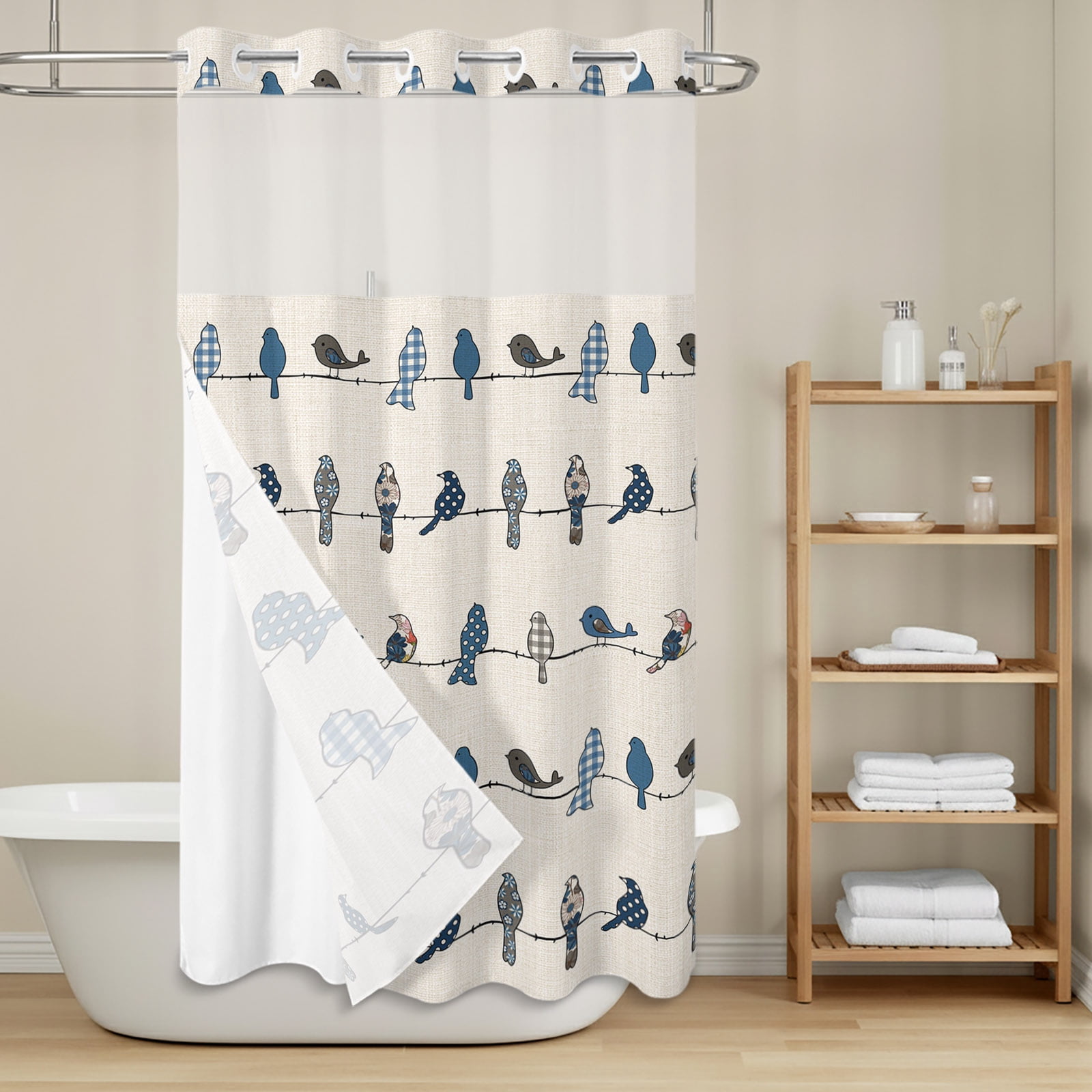 Birds on the Wire Blue Grey Burlap Background No Hook Shower Curtain ...