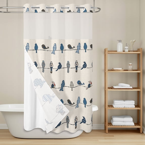 Birds on the Wire Blue Grey Burlap Background No Hook Shower Curtain ...